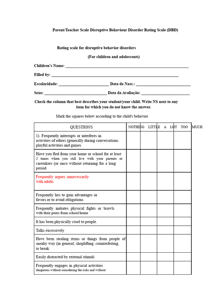 Disruptive Behavior Disorder Rating Scale | PDF | Attention Deficit ...