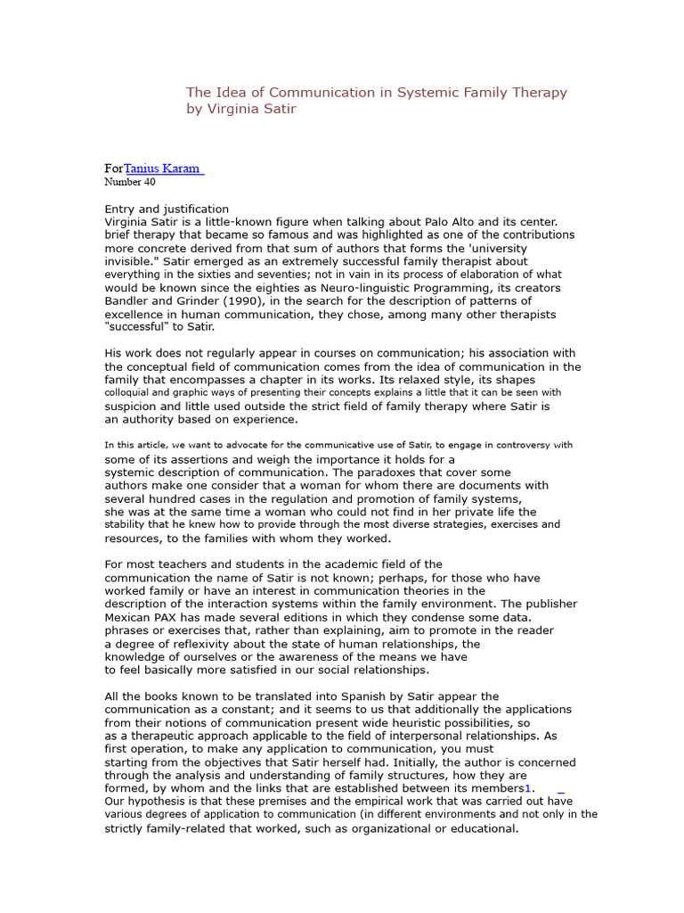 Communication in Systemic Family Therapy - Virginia Satir | PDF ...