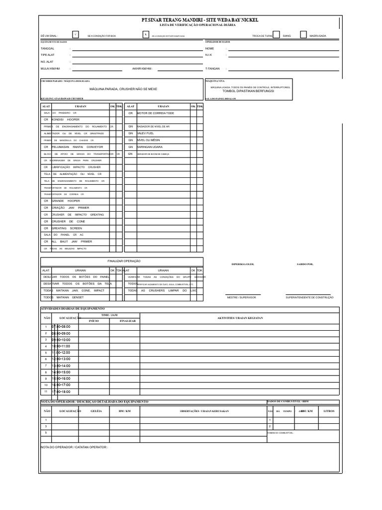 Checklist Operacional Diário Weda Bay Nickel | PDF | Engenharia Mecânica