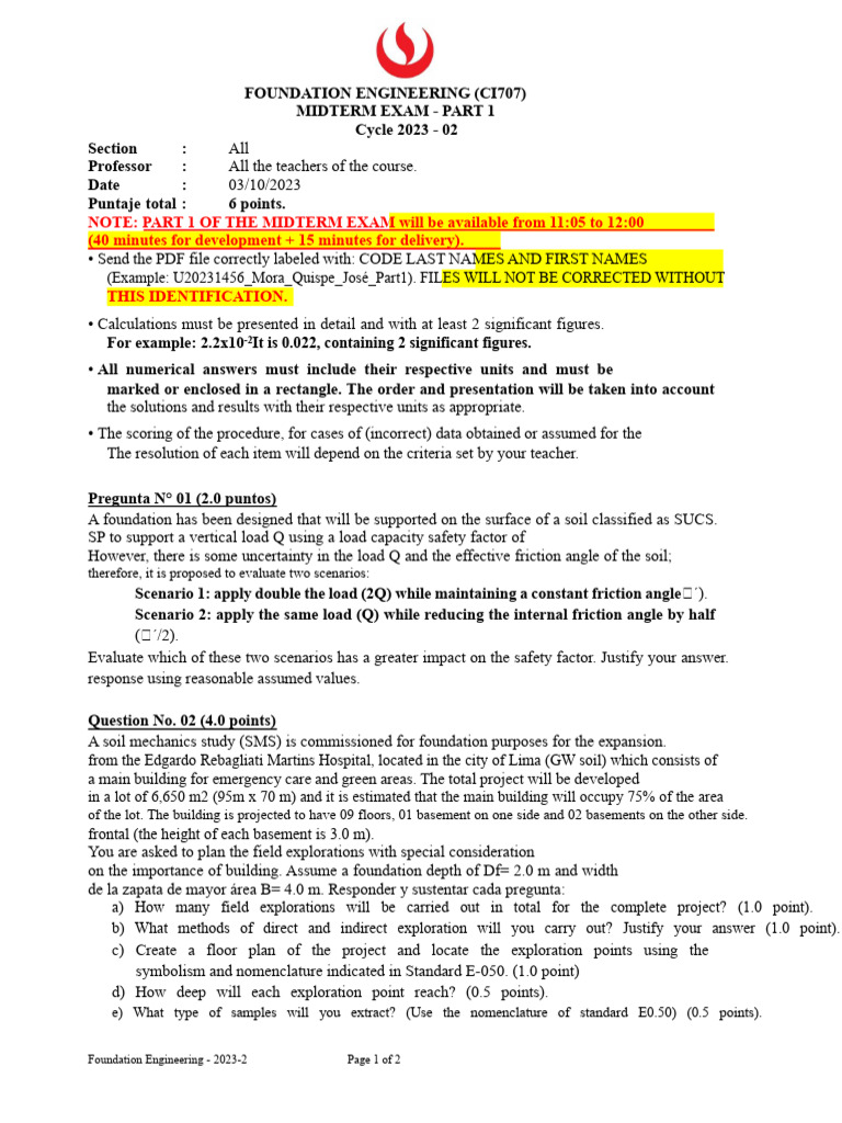 Partial Exam Foundation Engineering-Part 1-CO | PDF