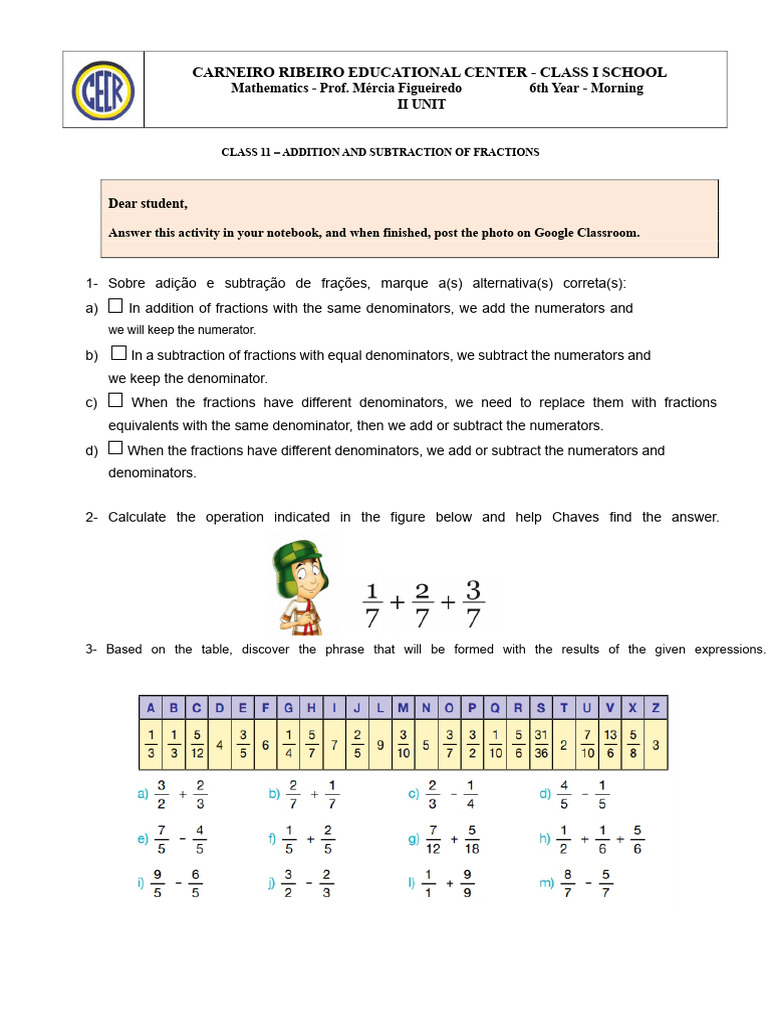 Activity - Addition and Subtraction of Fractions | PDF