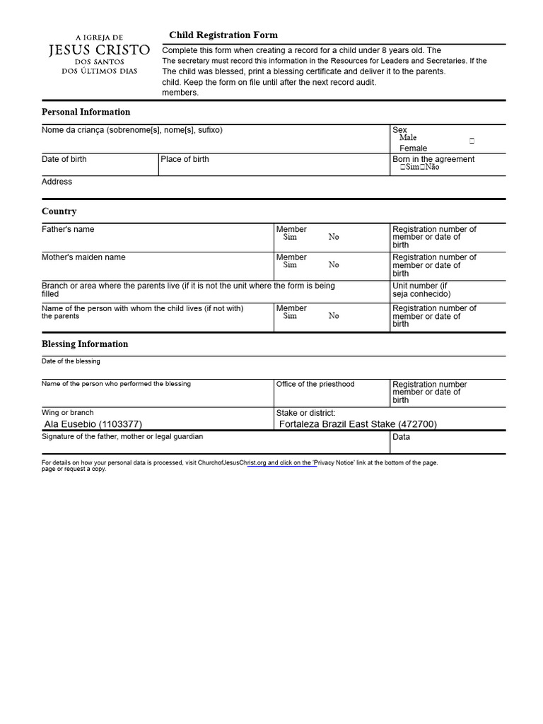 Child Registration Form | PDF | Human Life Stages | Living Arrangements