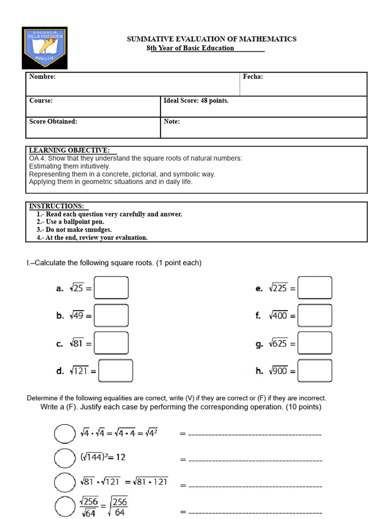 Evaluation - Roots - 8TH Grade. | PDF | Square Root | Numbers