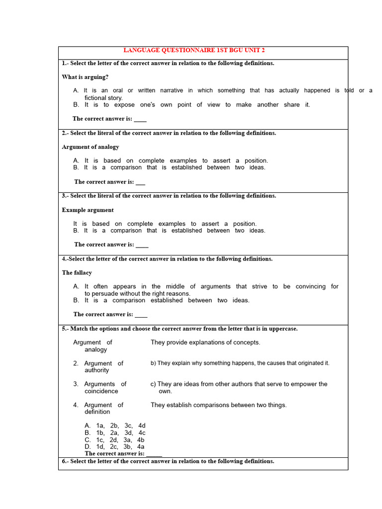 Language Questionnaire 1st Bgu Unit 2 | PDF | Analogy | Argument