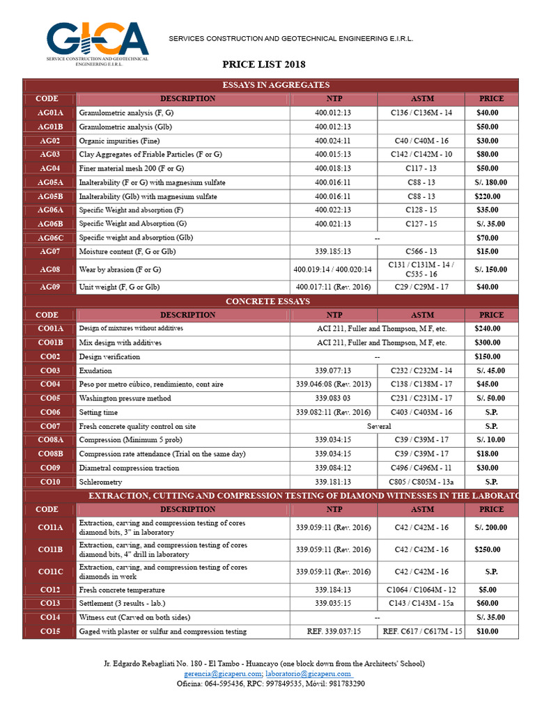 2018 Construction & Geotechnical Services Price List | PDF | Materials ...
