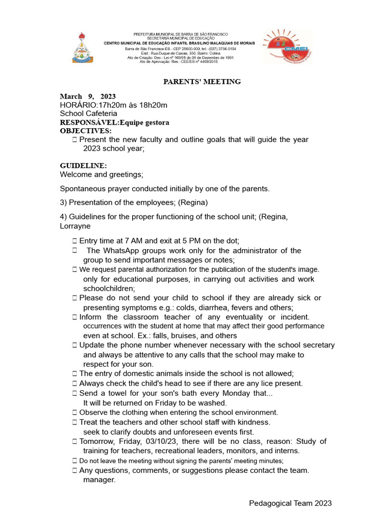 Parents' Meeting Agenda and Guidelines | PDF