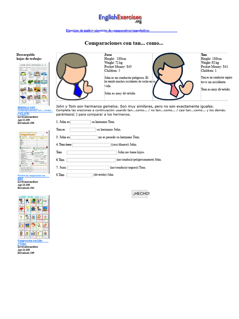 Ejercicios de Inglés - Comparaciones Con Tan... Como.. | PDF
