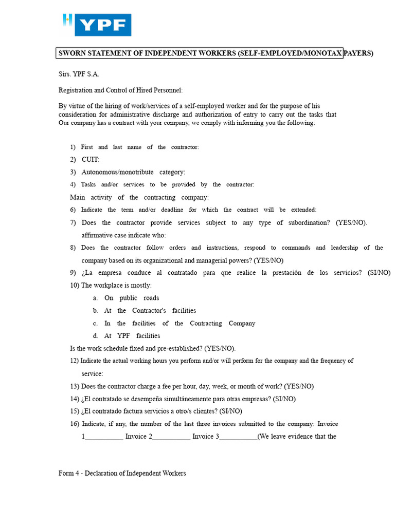 Form 4 - Declaration of Independent Workers | PDF | Business