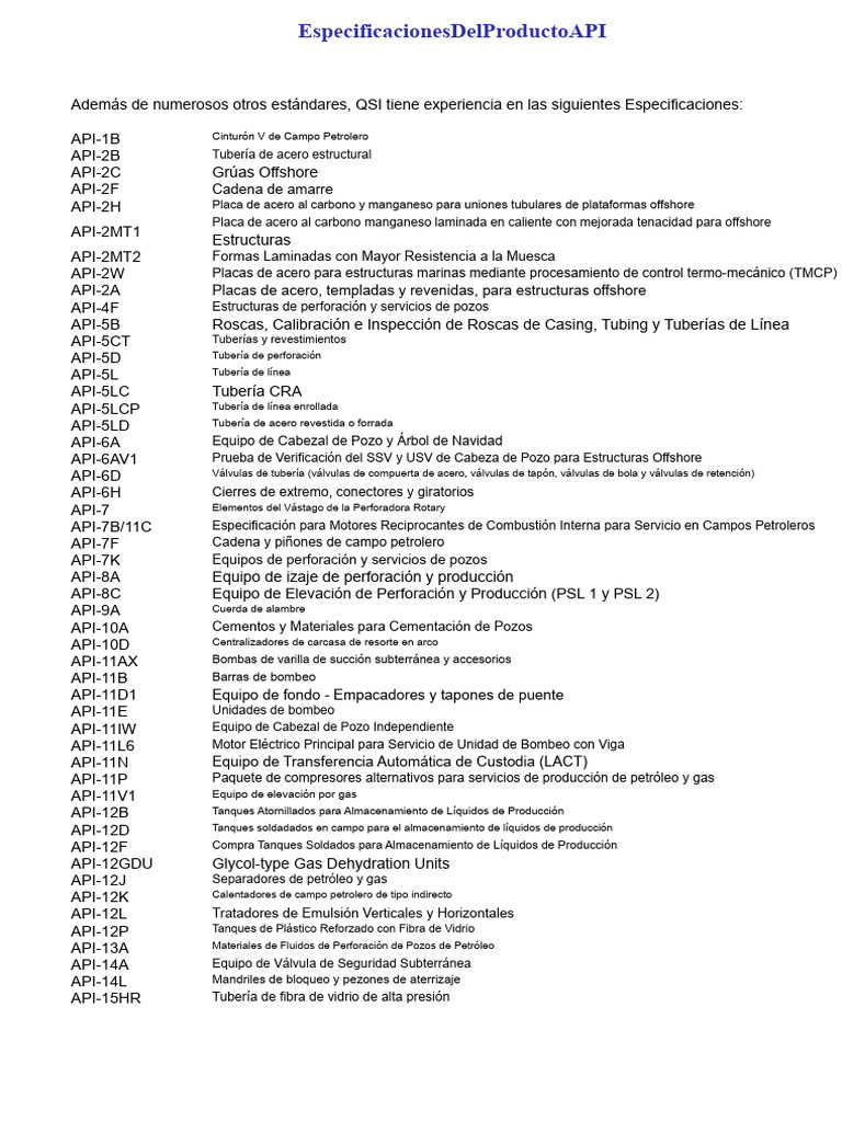 Especificaciones de Productos API y Equipos Offshore | PDF | Ingeniería ...