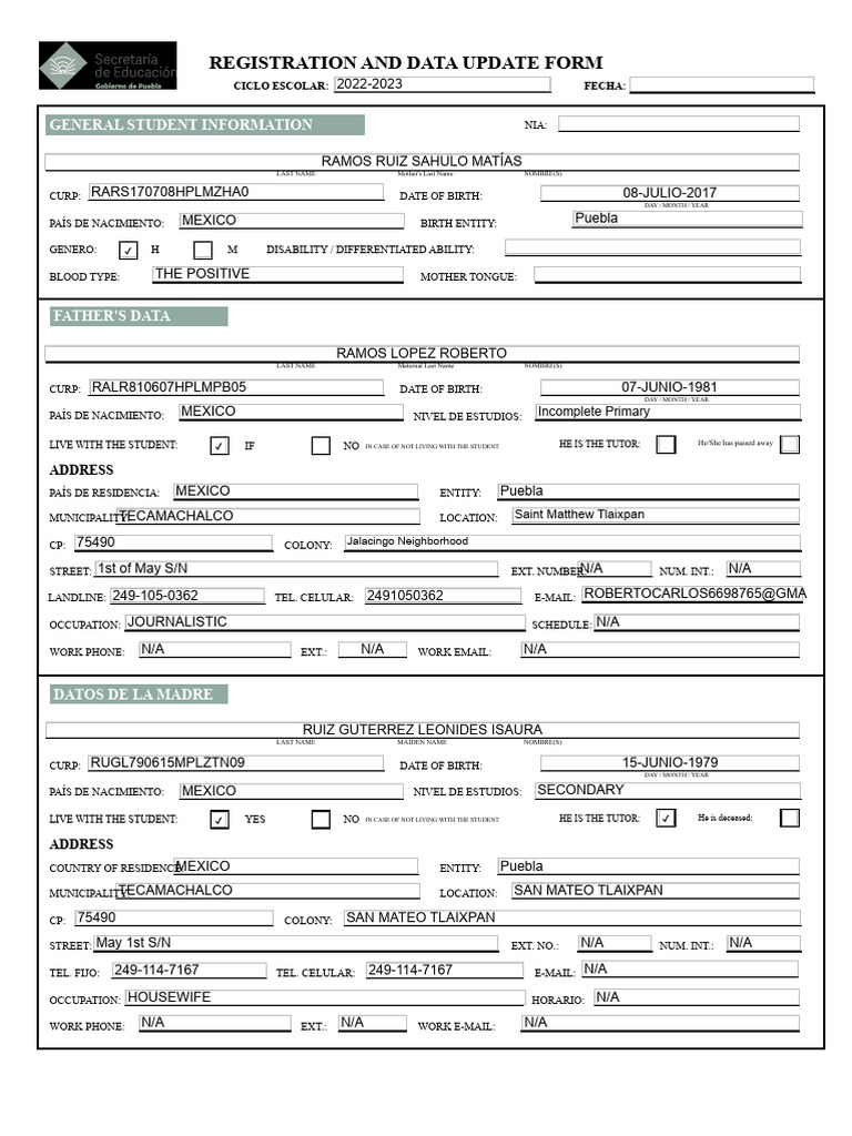 Student Data Update Registration Form 23 | PDF | Government | Access ...