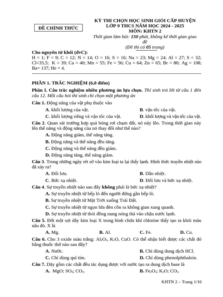 3. Cẩm Khê - Đề Hsg Khtn Hóa 9 2024 2025 (Bản Gốc) | PDF