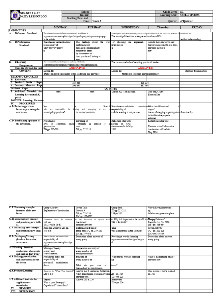 Daily Lesson Log: Social Studies Week 6 | PDF | Teachers | Human ...