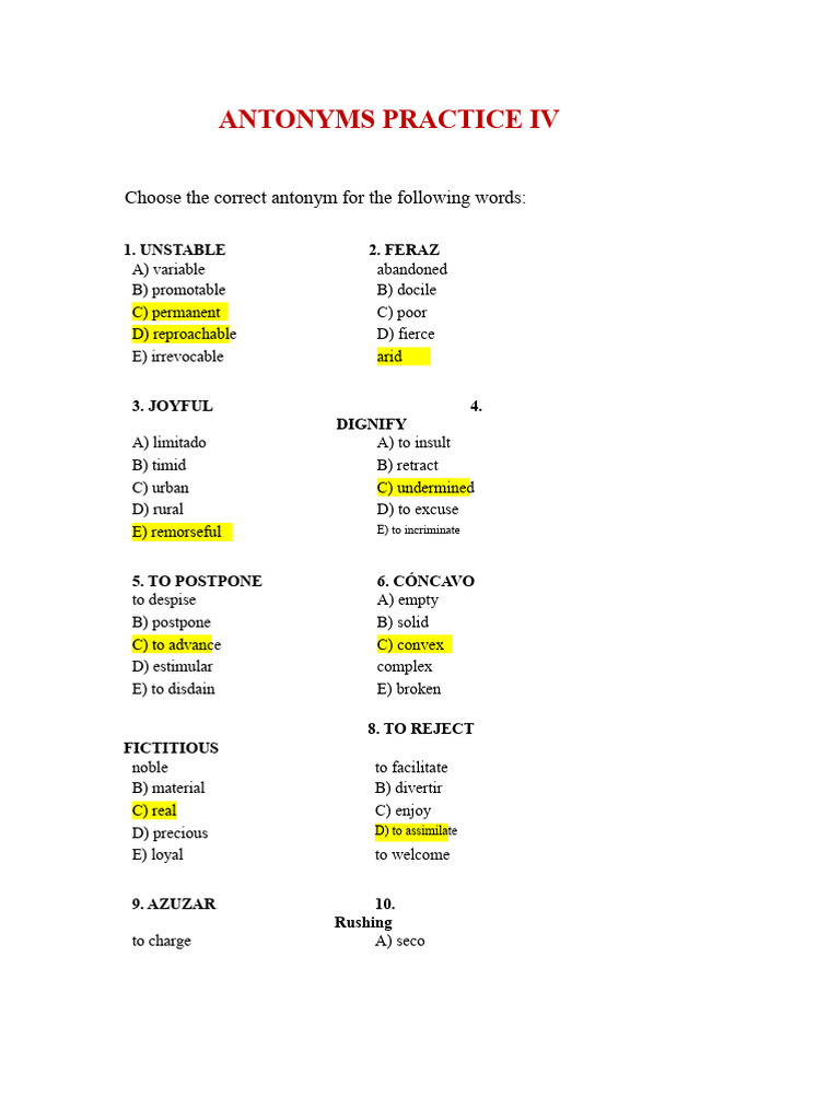 Antonyms Practice Iv | PDF