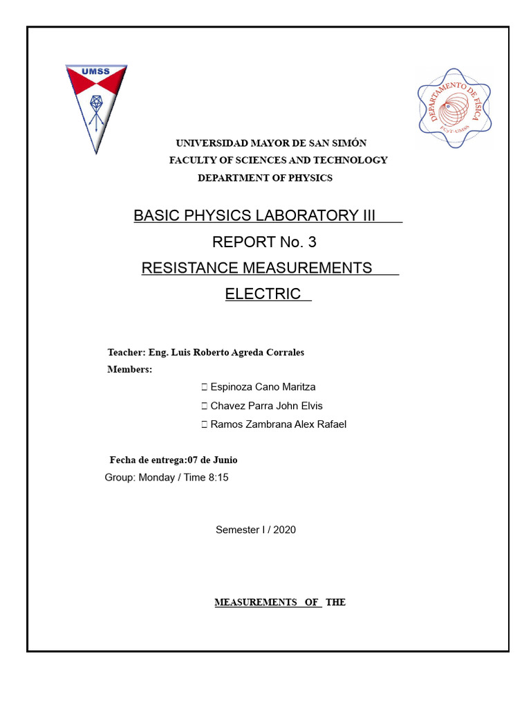 REPORT 3 Physics Lab 3 MEASUREMENTS OF ELECTRICAL RESISTANCE V1 | PDF ...