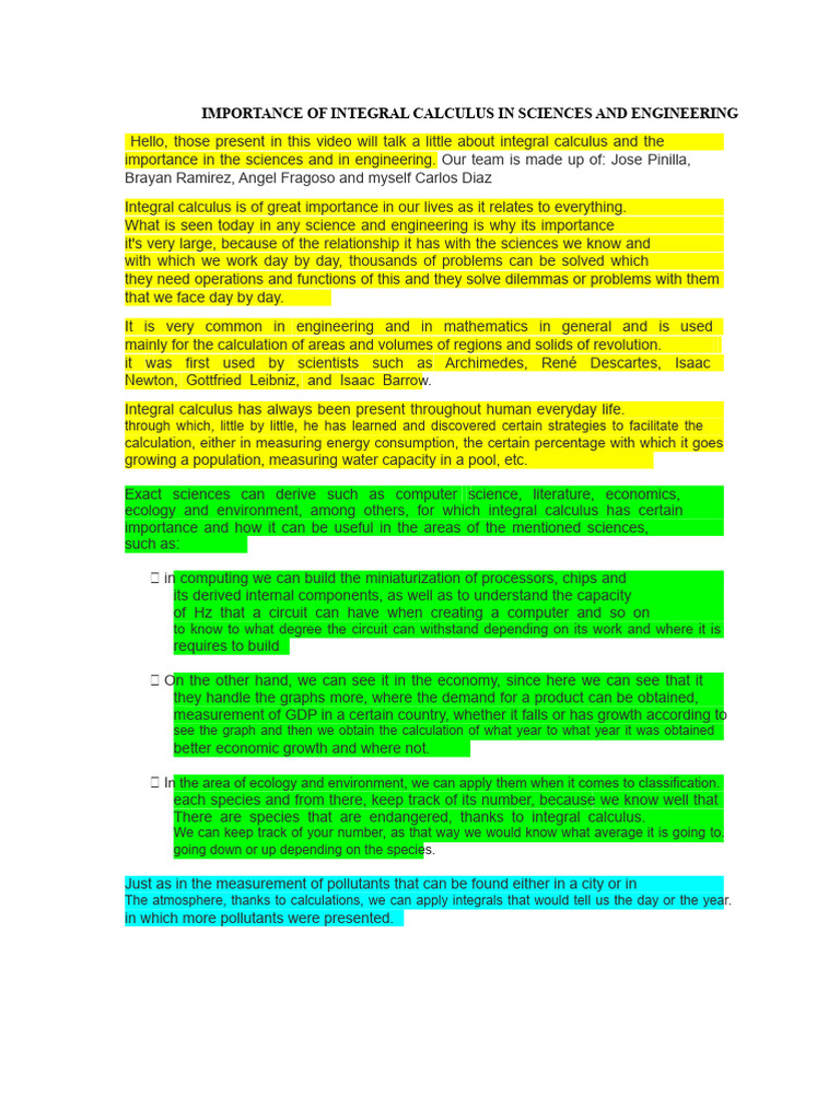 Importance of Integral Calculus in Sciences and Engineering | PDF | Calculus | Integral