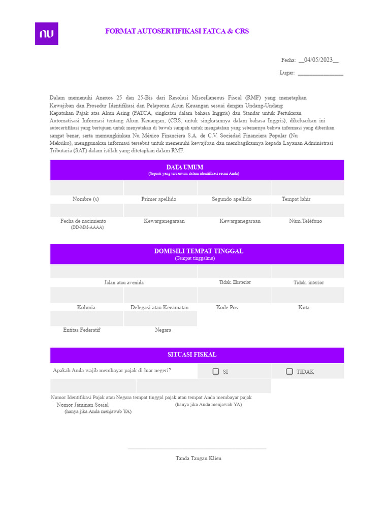 Format Autosertifikasi FATCA & CRS | PDF