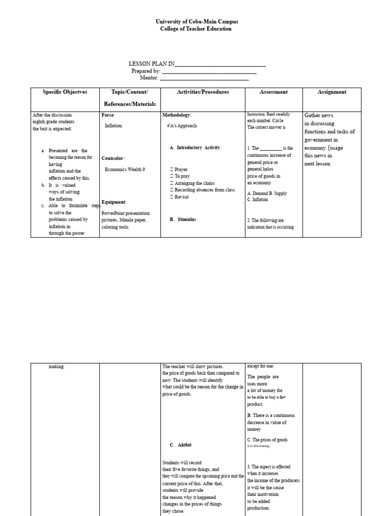 4a's Lesson Plan Inflation | PDF | Inflation | Prices