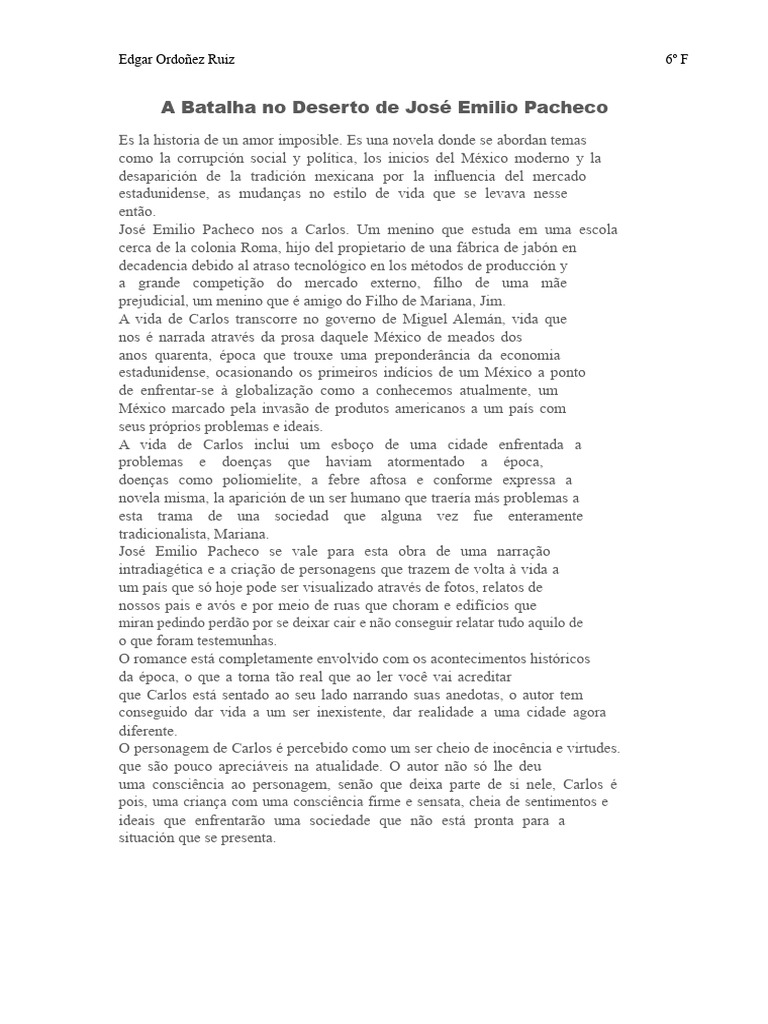A Batalha No Deserto de José Emilio Pacheco | PDF | México | Amor