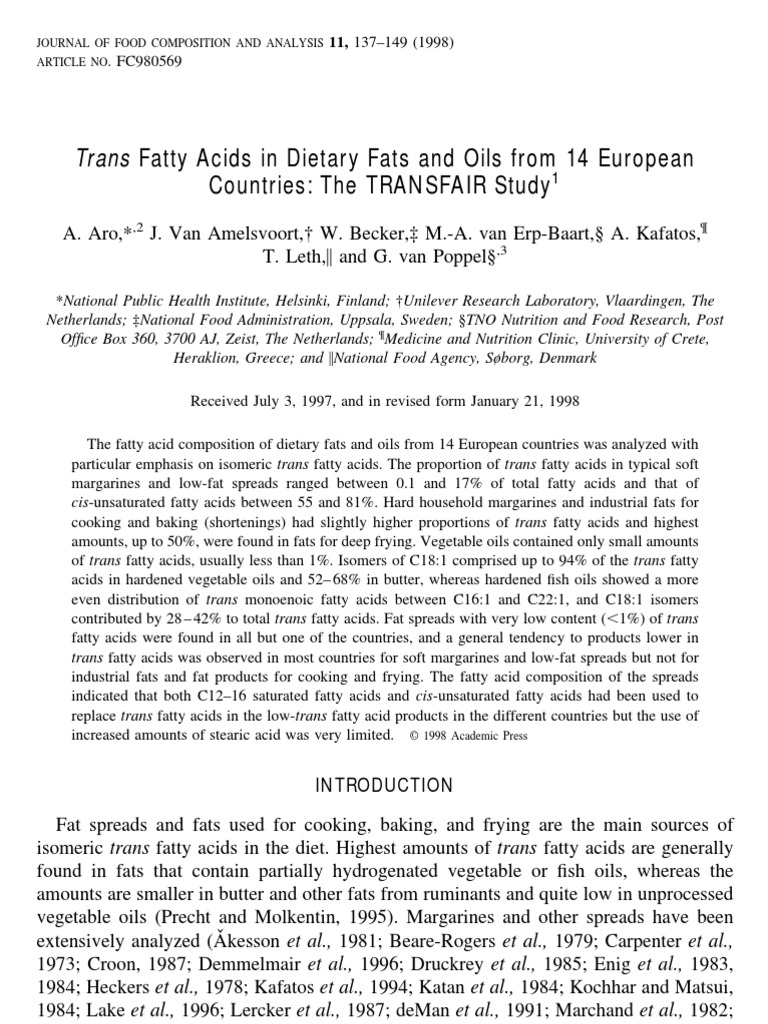 Trans Fatty Acids in Dietary Fats and Oils From 14 European: Countries ...
