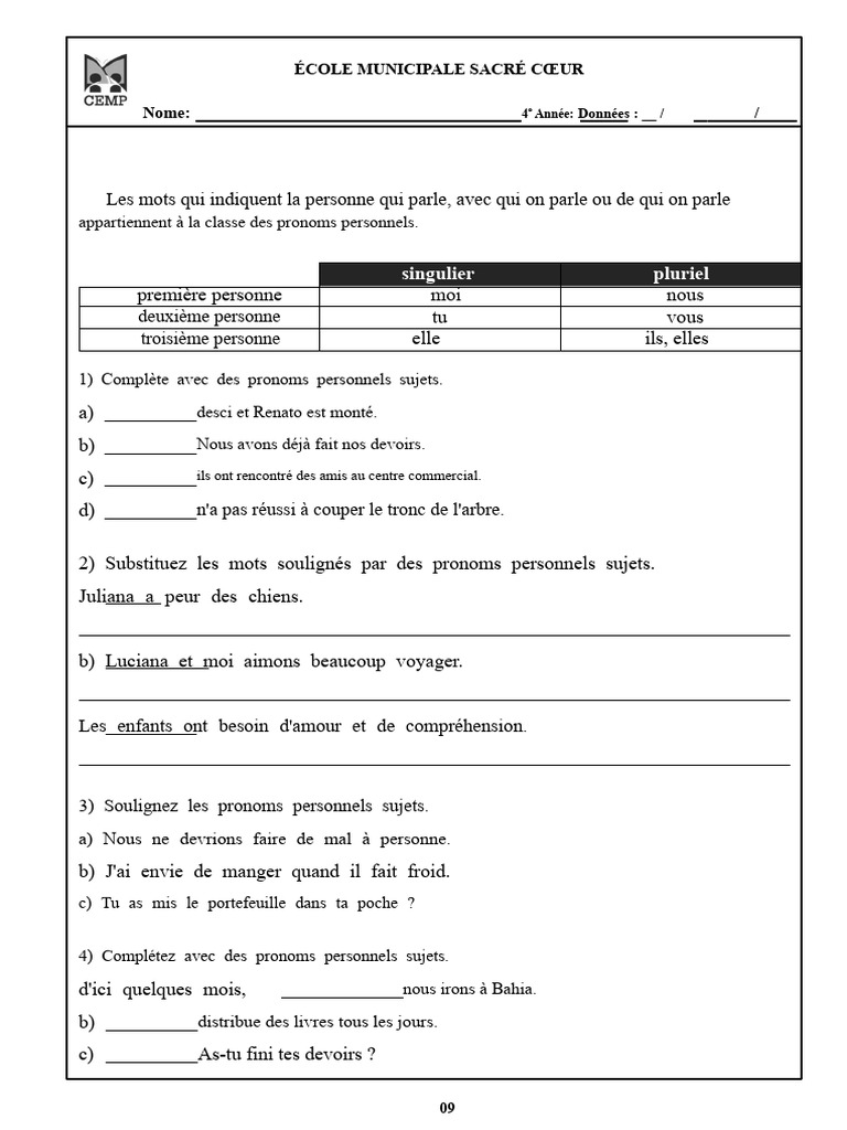 Pronoms personnels en français pour 4e année | PDF | Nombre grammatical ...