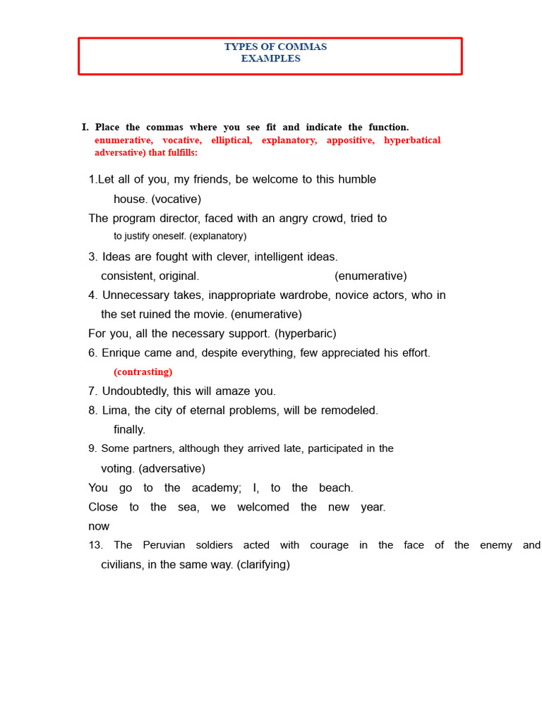 TYPES OF COMMAS: EXERCISES | PDF