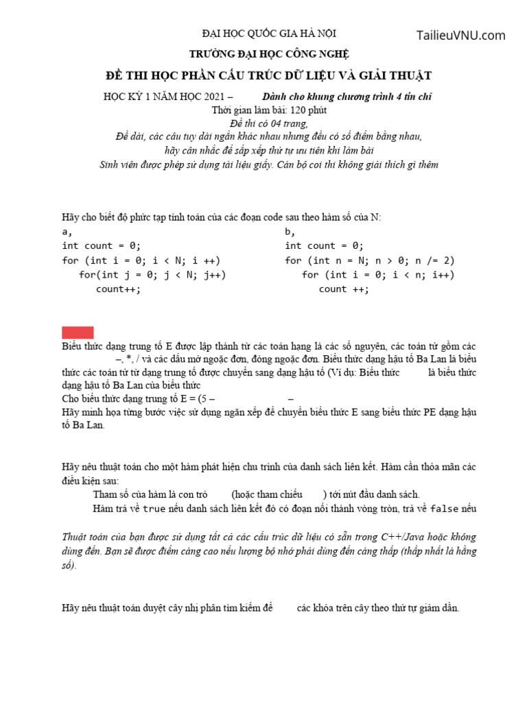 Đề Thi Cấu Trúc Dữ Liệu Và Giải Thuật (14 Câu) Kỳ 1 Năm Học 2021-2022 – UET (1) | PDF