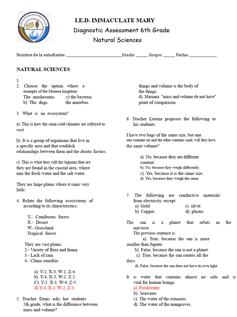 6th Grade Natural Sciences Assessment | PDF | Plants | Digestion
