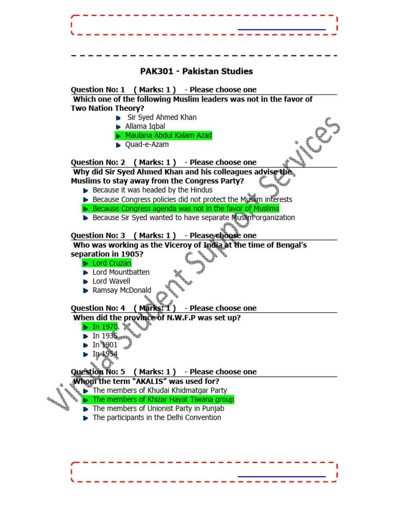 PAK301 Pakistan Studies Solved MID Term Paper 05 | PDF | Partition Of ...