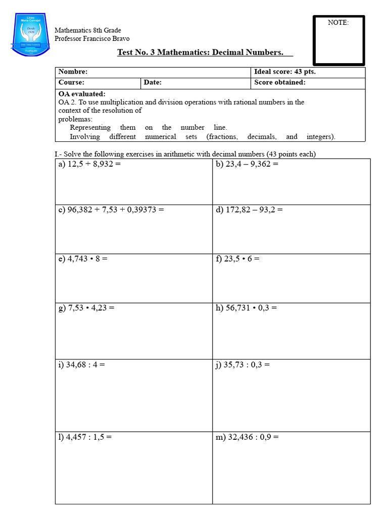8th Grade Math Test: Decimal Operations | PDF