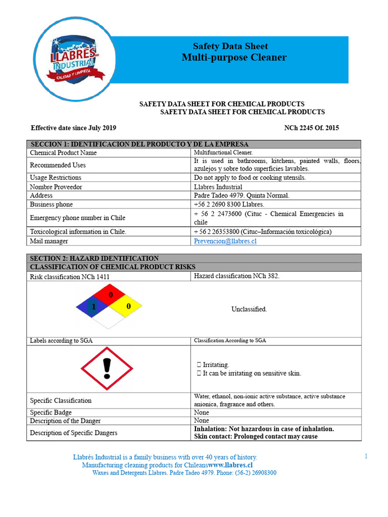 Safety Data Sheet Multi-Purpose Cleaner | PDF | Dangerous Goods | Personal Protective Equipment