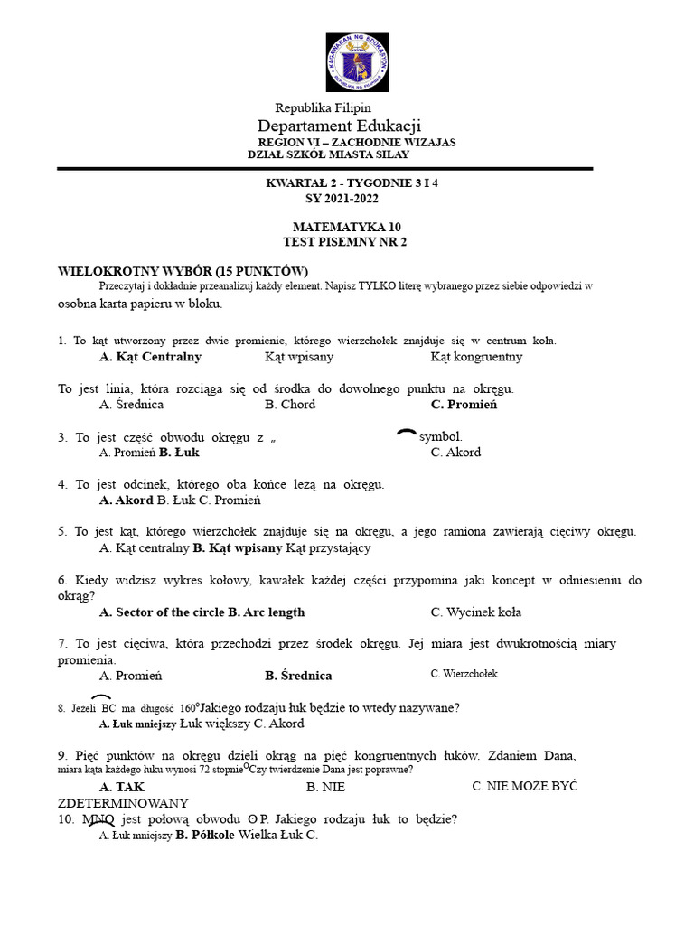 Matematyka G10 Q2 WT 2 | PDF