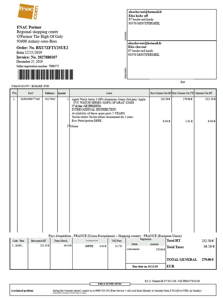 Invoice Apple Watch Fnac | PDF | Payments | Taxes