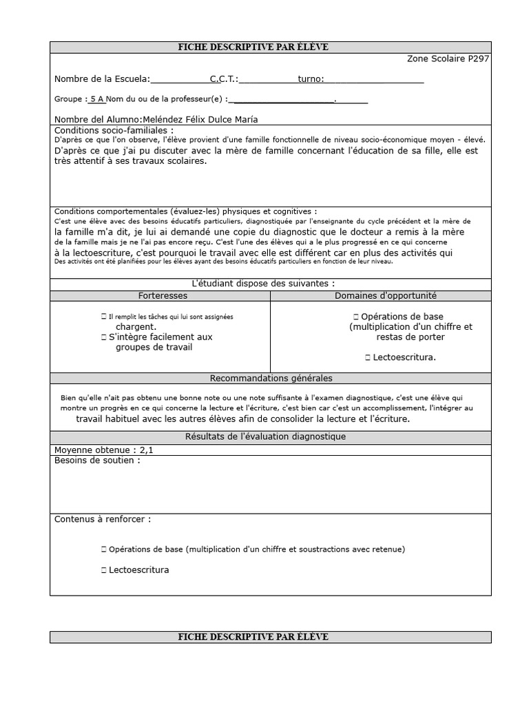 Exemple de Fiche Descriptive Par Élève | PDF