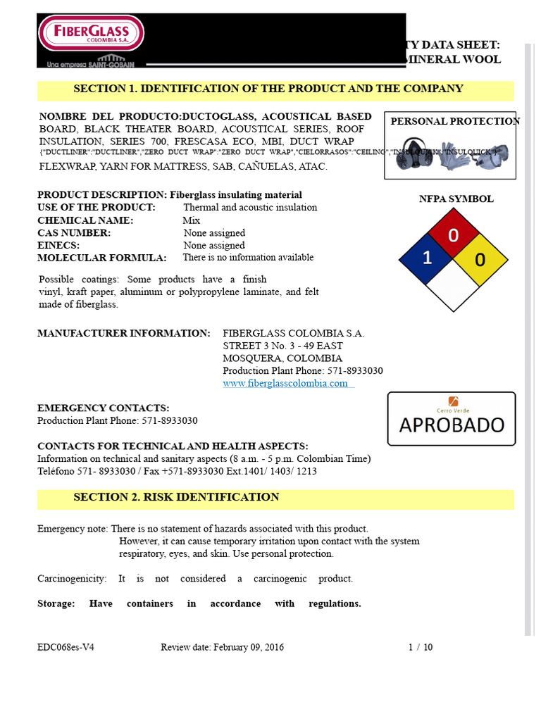 Glass Fiber Mineral Wool Safety Data Sheet | PDF | Fiberglass ...