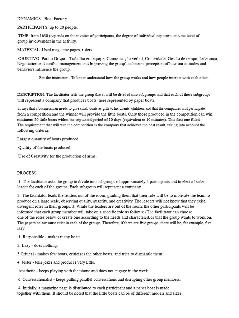 Boat Factory Team Building Activity | PDF | Creativity | Psychology