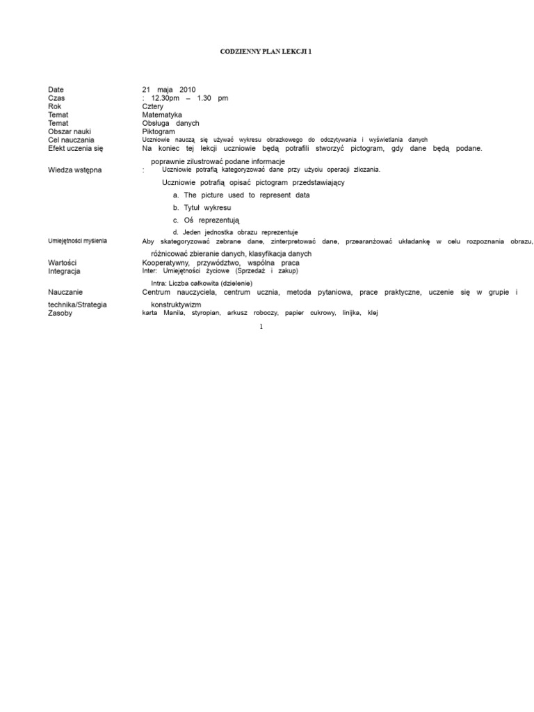 Codzienny Plan Lekcji Piktogram | PDF