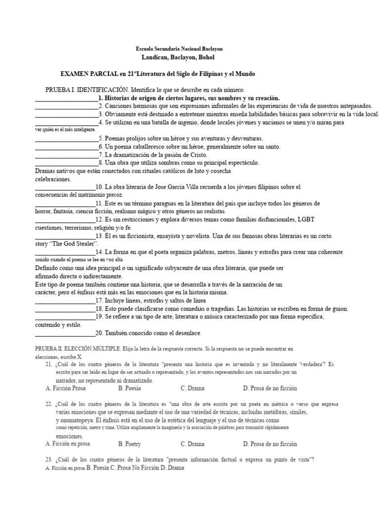 Examen de Literatura Filipina y Mundial | PDF | Prosa | Poesía