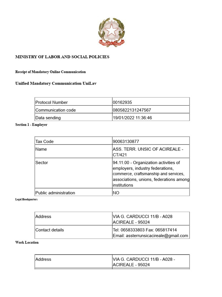 Russo Maria Antonietta Unilav | PDF