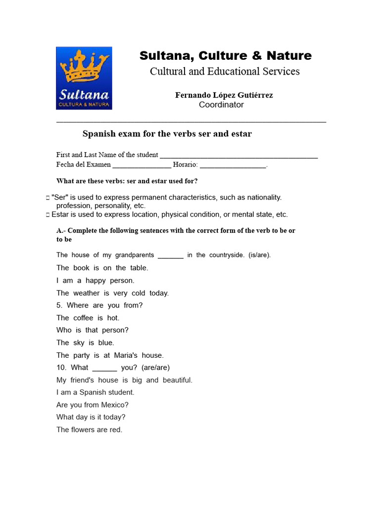 Spanish Exam: Ser vs. Estar Verbs | PDF | Verb | Language Families