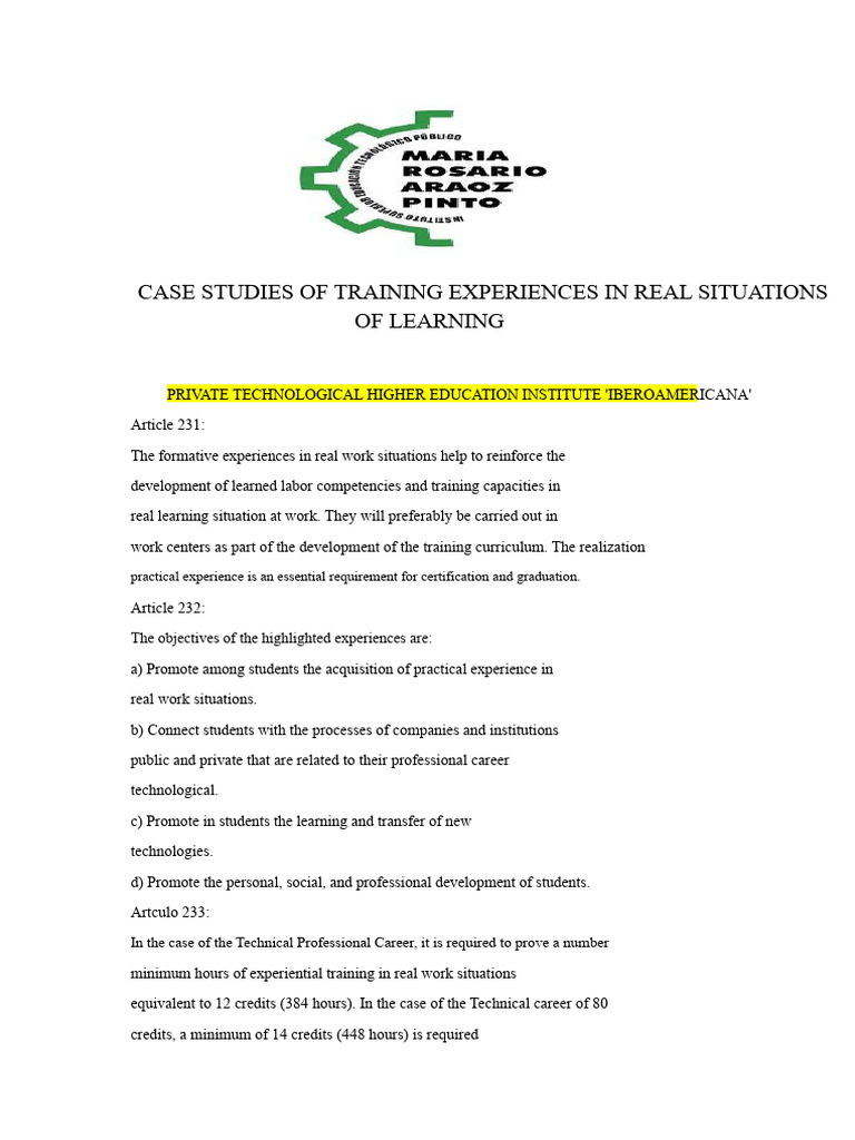 Case Studies of Training Experiences in Real Learning Situations | PDF