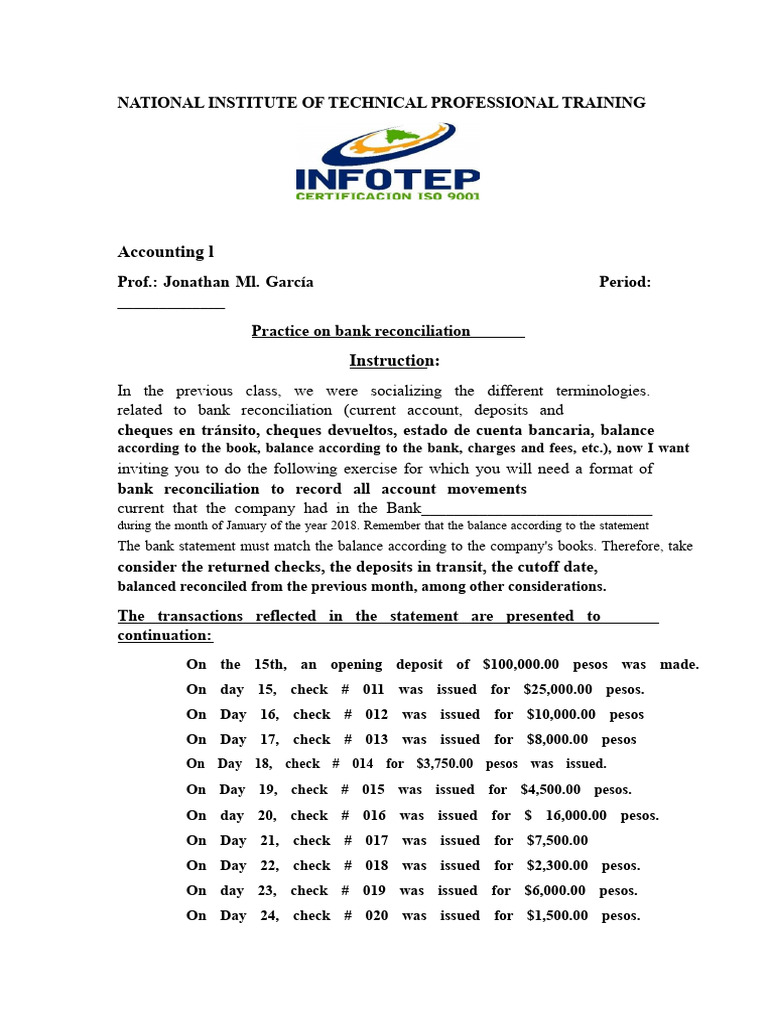 Practice 1 Bank Reconciliation | PDF | Transaction Account | Banks
