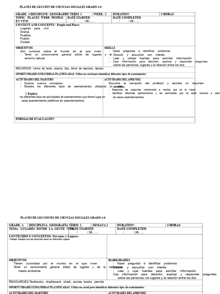 Planes de Lecciones de Ciencias Sociales Grado 4 | PDF | Ciencias ...