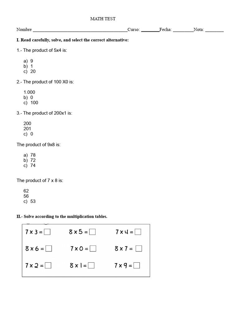 MATH TEST 3rd Grade Multiplication and Division | PDF