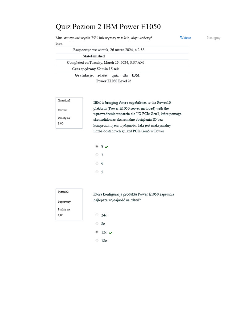 IBM Power E1050 Quiz Poziom 2 - Przegląd Prób | PDF