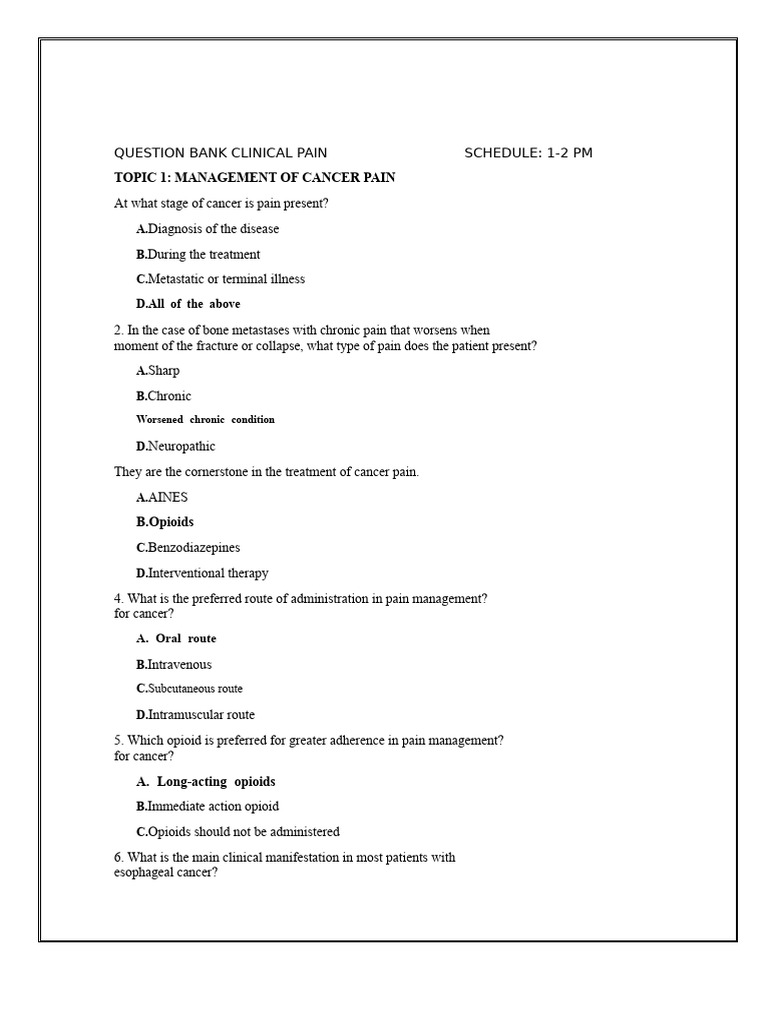 Question Bank On Pain | PDF | Cancer | Pain