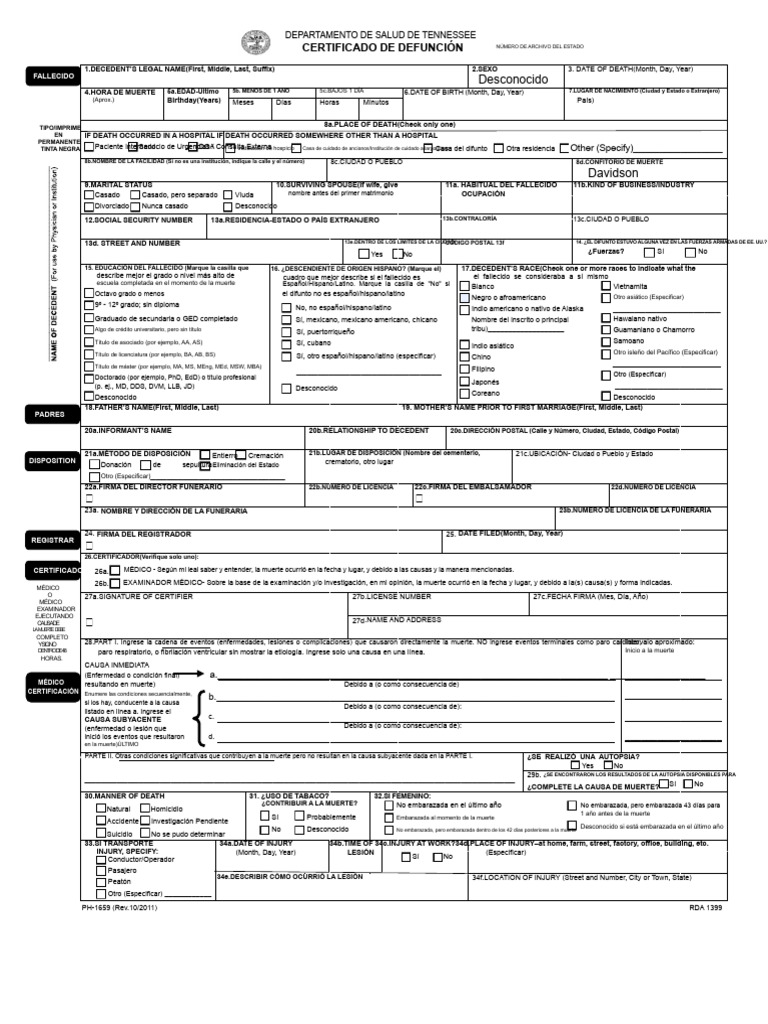 Certificado de Defunción de Tennessee (1) | PDF | Hispanos y latinoamericanos | Paro cardíaco