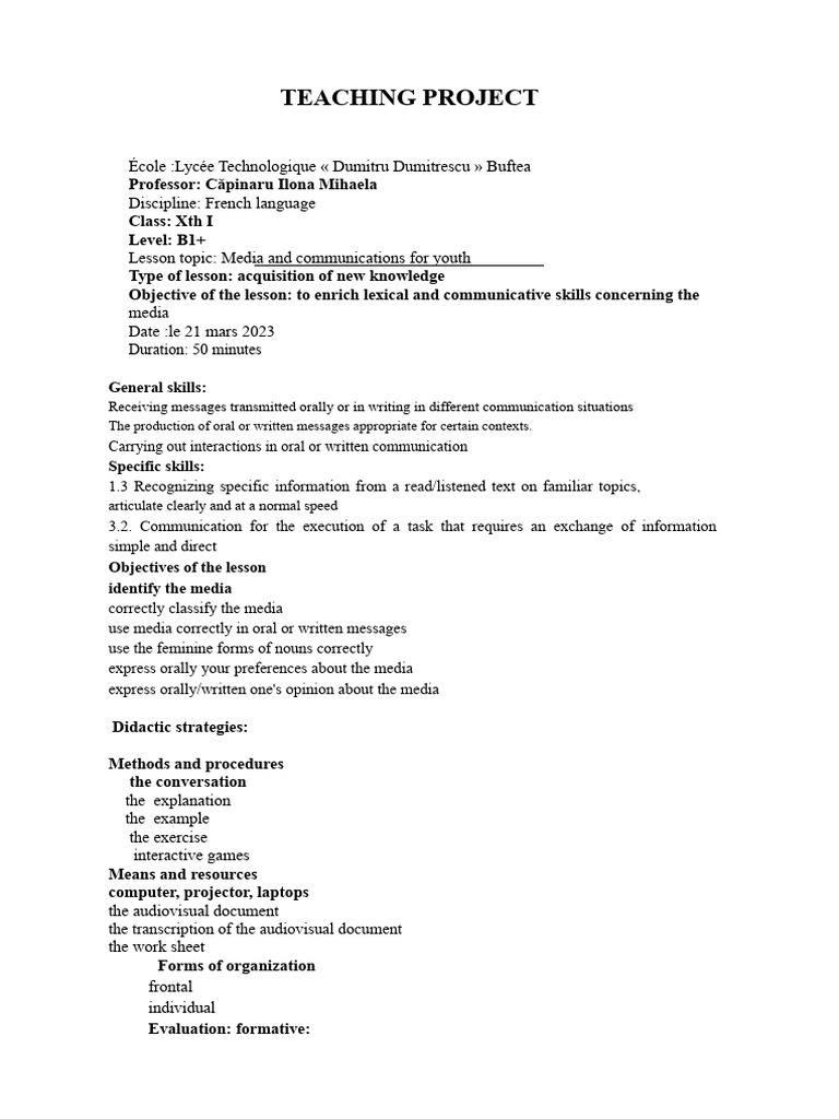TEACHING PROJECT Media | PDF | Communication | Information
