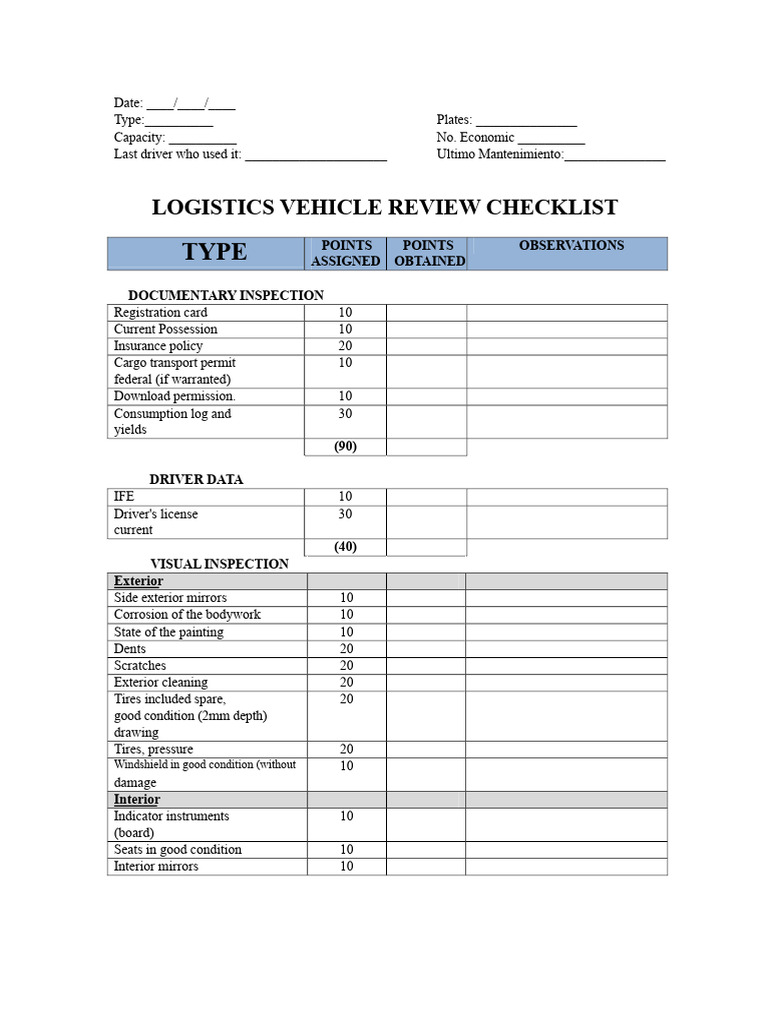 Logistics Vehicle Review Checklist | PDF | Vehicles | Motor Vehicle
