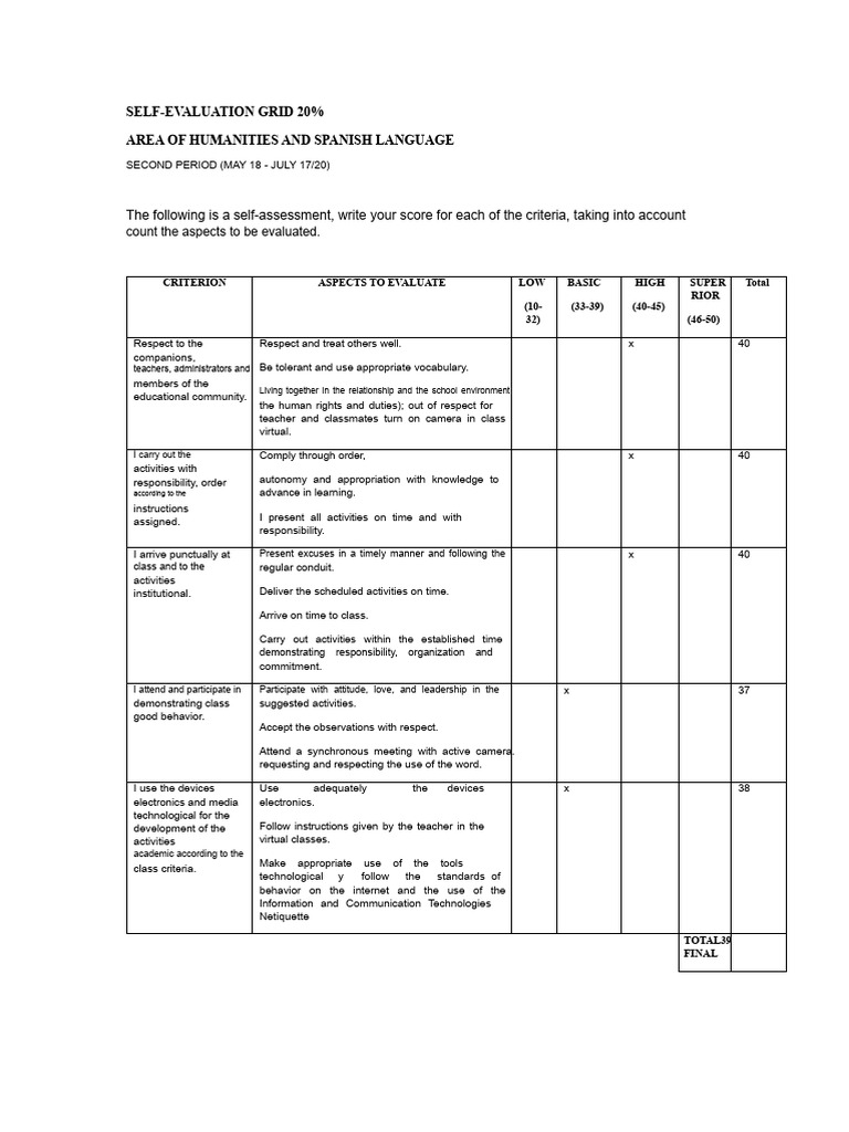 Formative Evaluation Grid 20% Spanish 2020 | PDF | Learning | Human ...