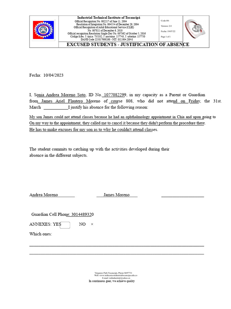 Student Excuse - Justification For Absence | PDF